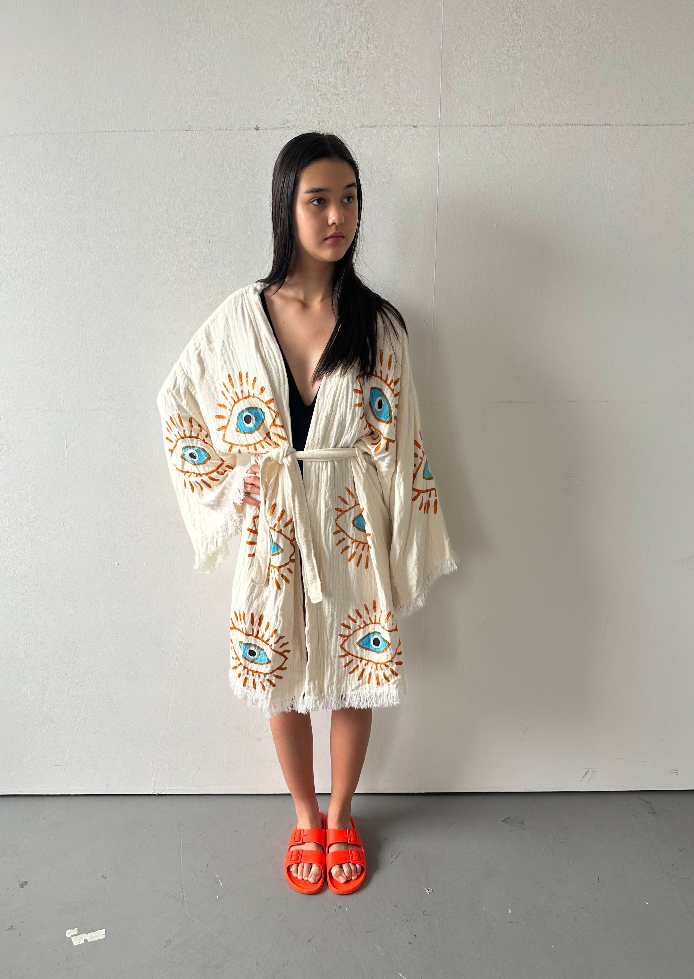 Natural Cotton Blue Evil Eye Orange Lashes Midi Robe – Cie Cie + Co