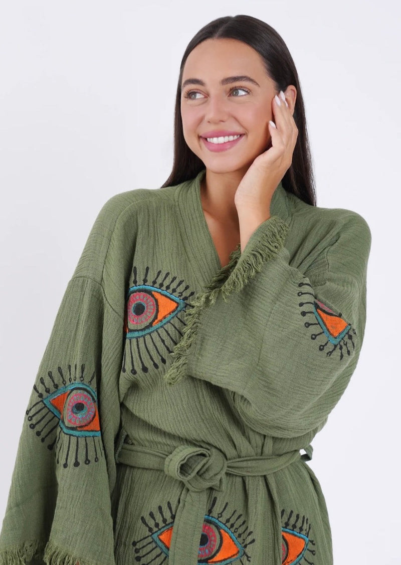 Khaki Cotton Green Evil Eye Robe – Cie Cie + Co